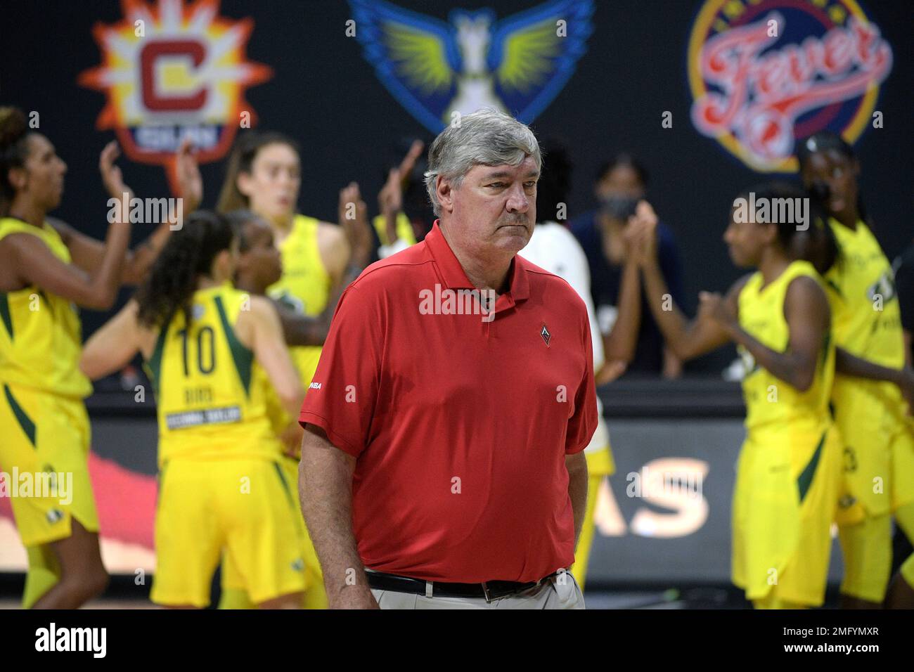 Las Vegas Aces head coach Bill Laimbeer leaves the court as Seattle ...