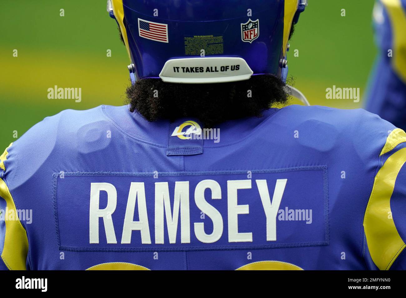 A sign in the back of the helmet of Los Angeles Rams cornerback Jalen ...
