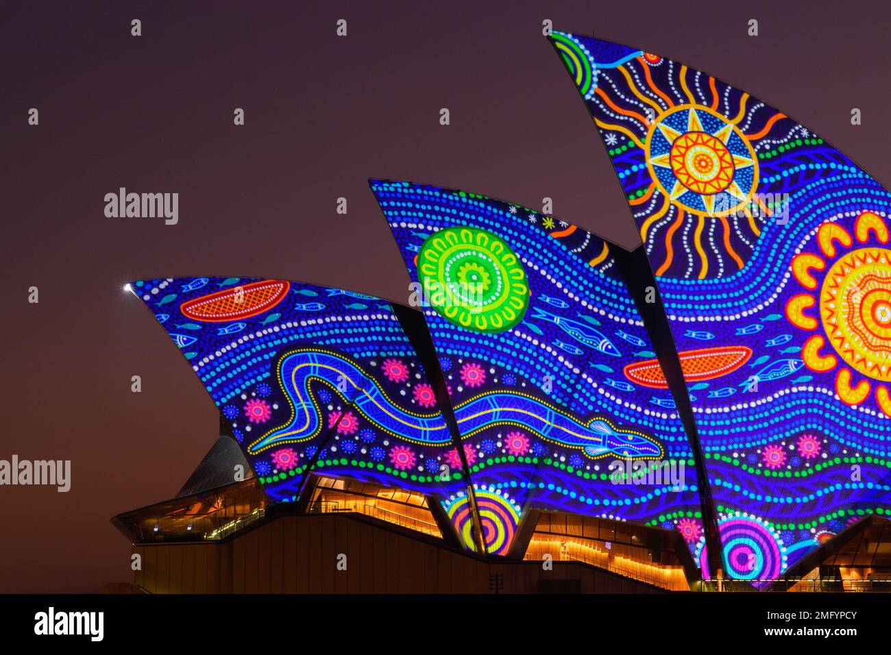 Kamilaroi artist Rhonda Sampson’s ‘Diyan Warrane’ artwork is projected ...
