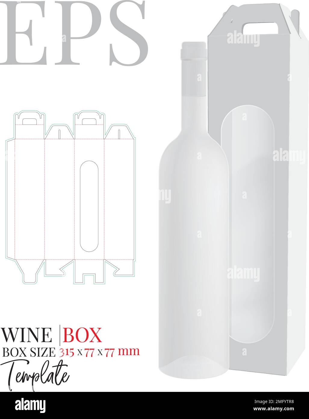 Wine box die cut template with window, vector. White, clear, blank ...
