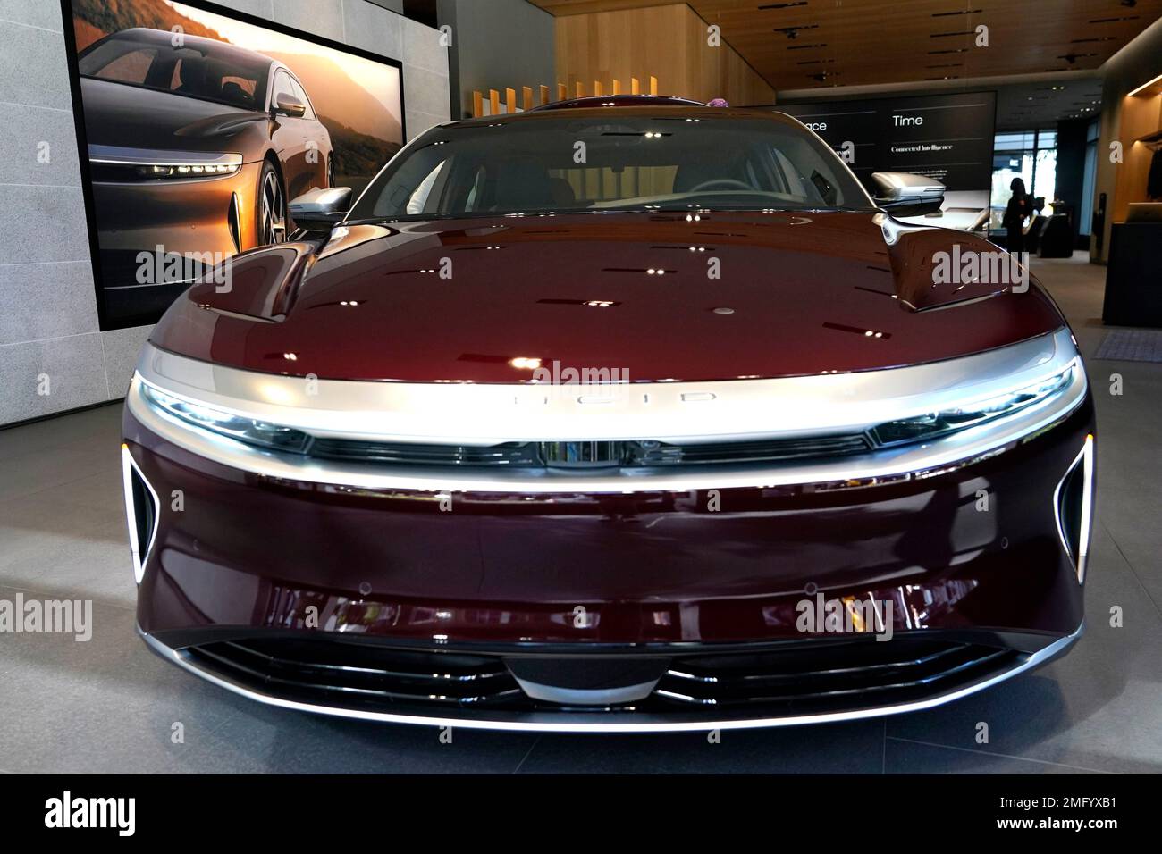 A 2022 Lucid Air Grand Touring electric vehicle is displayed at a Lucid ...
