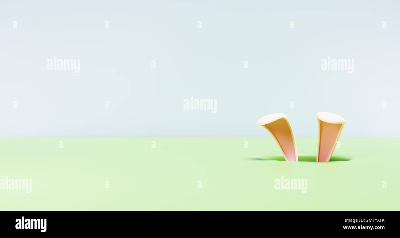 Easter. Bunny ears sticking out of a hole in a green background. 3d ...