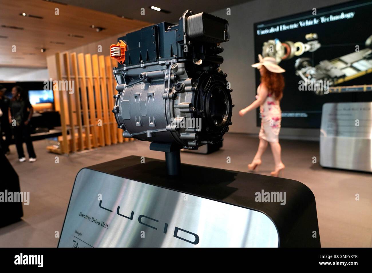 An electric drive unit is displayed at a Lucid electric vehicle ...