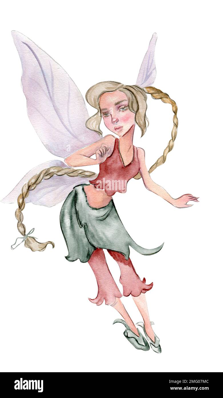 Watercolor cartoon fairy with magic wings. Watercolor hand draw fairy ...