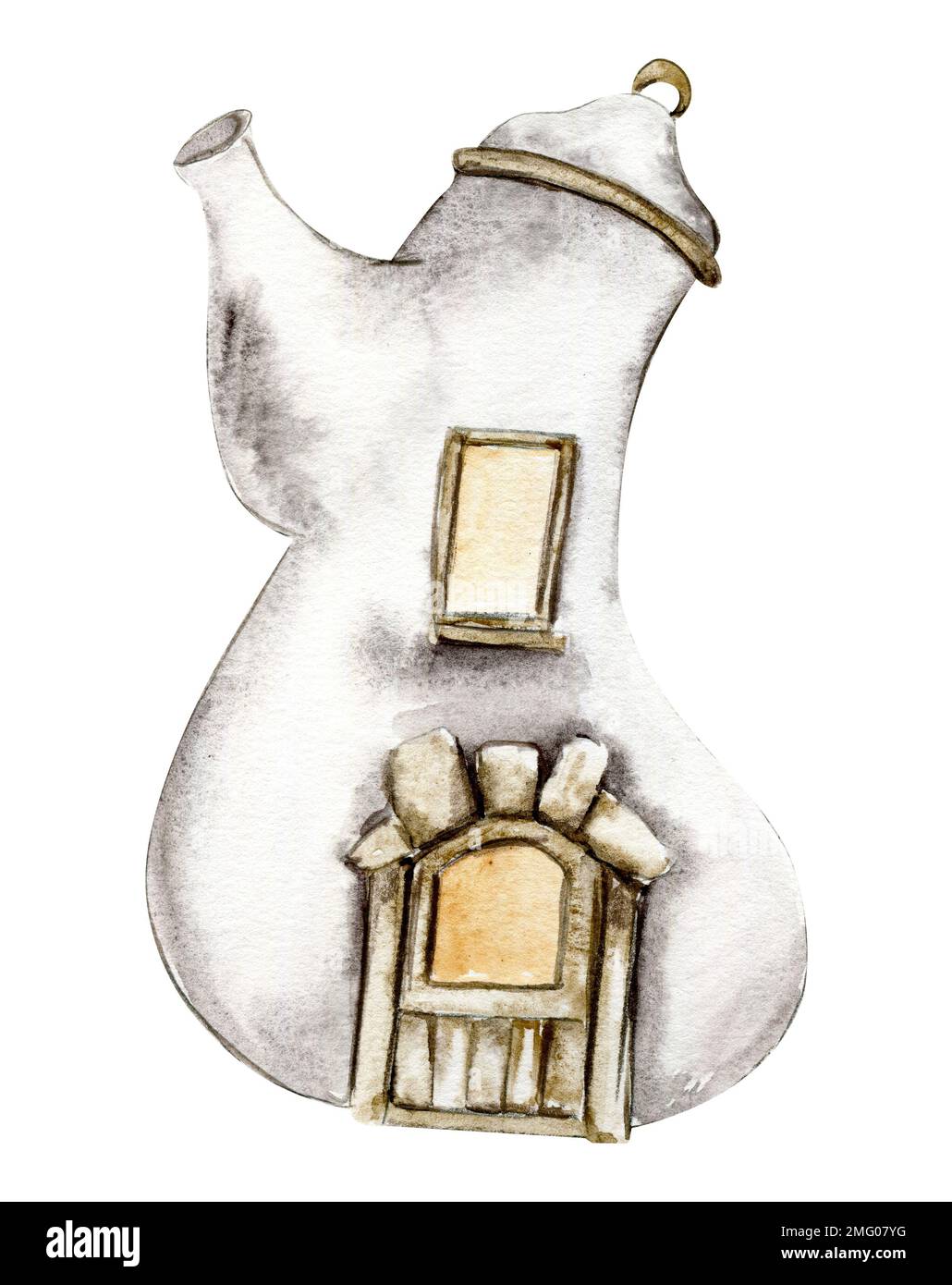 Watercolor cartoon fairy tale house with wooden door. Watercolor hand ...