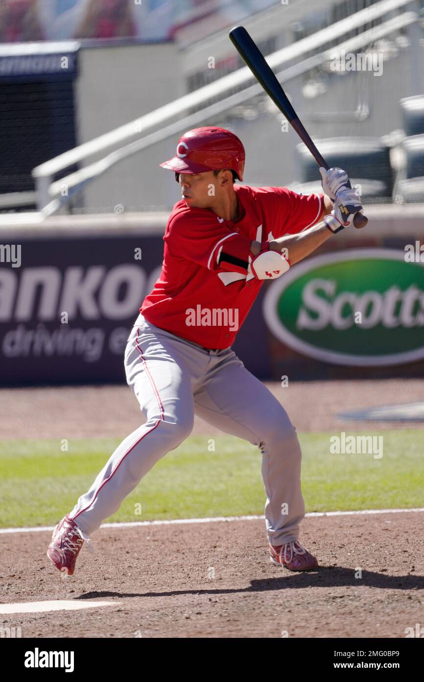 Cincinnati Reds center fielder Shogo Akiyama (4) of Japan, bats in the 11th inning against the ...