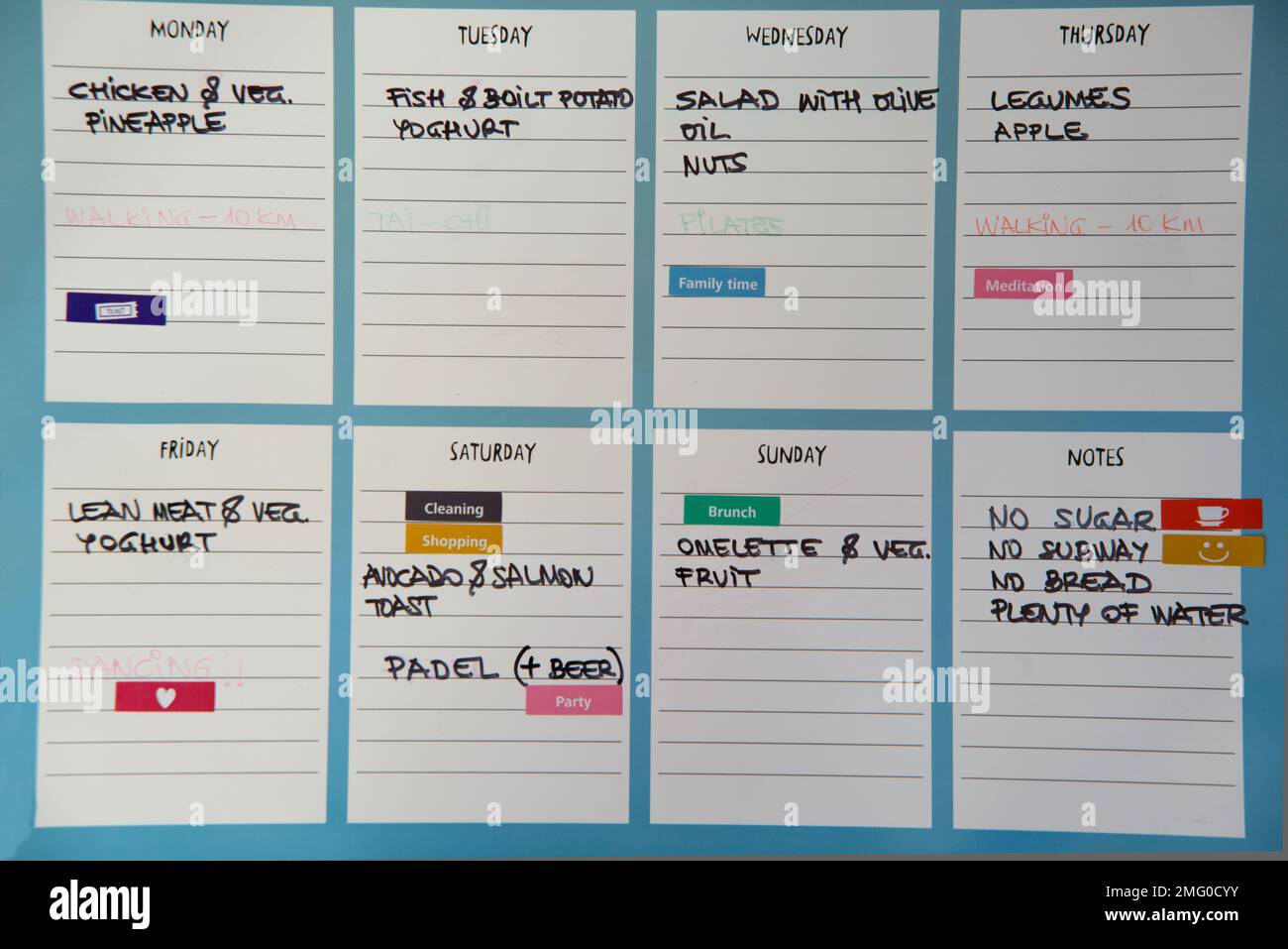 Weekly schedule for healthy life, with meals, exercises and notes ...