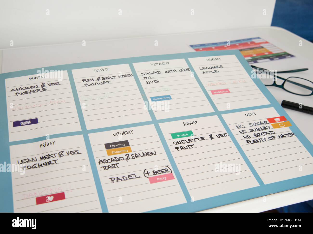 Preparing a weekly schedule for healthy life, with meals, exercises and ...