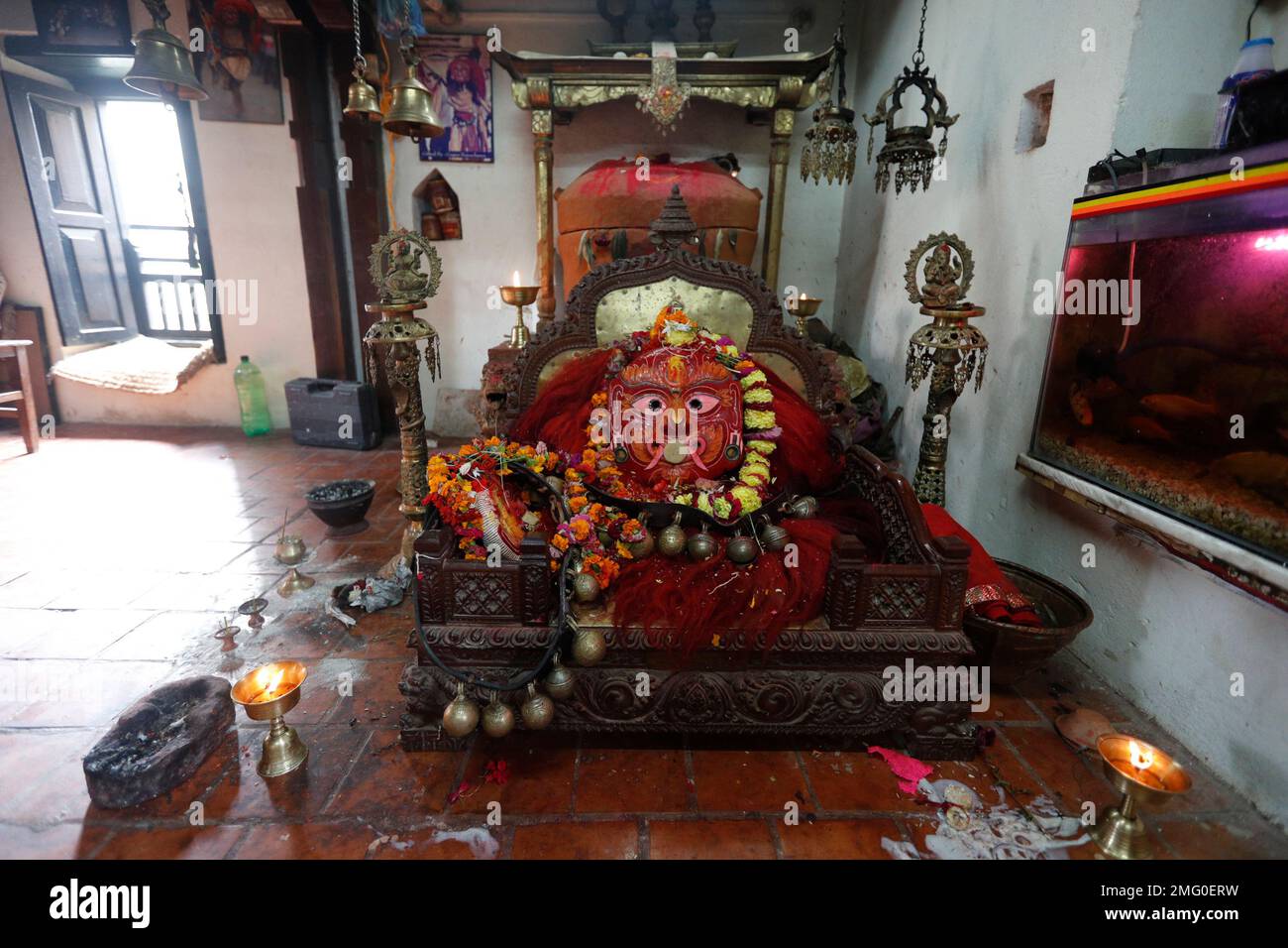 The mask of Lakhe, a traditional mask dancer worshipped as a god, is ...