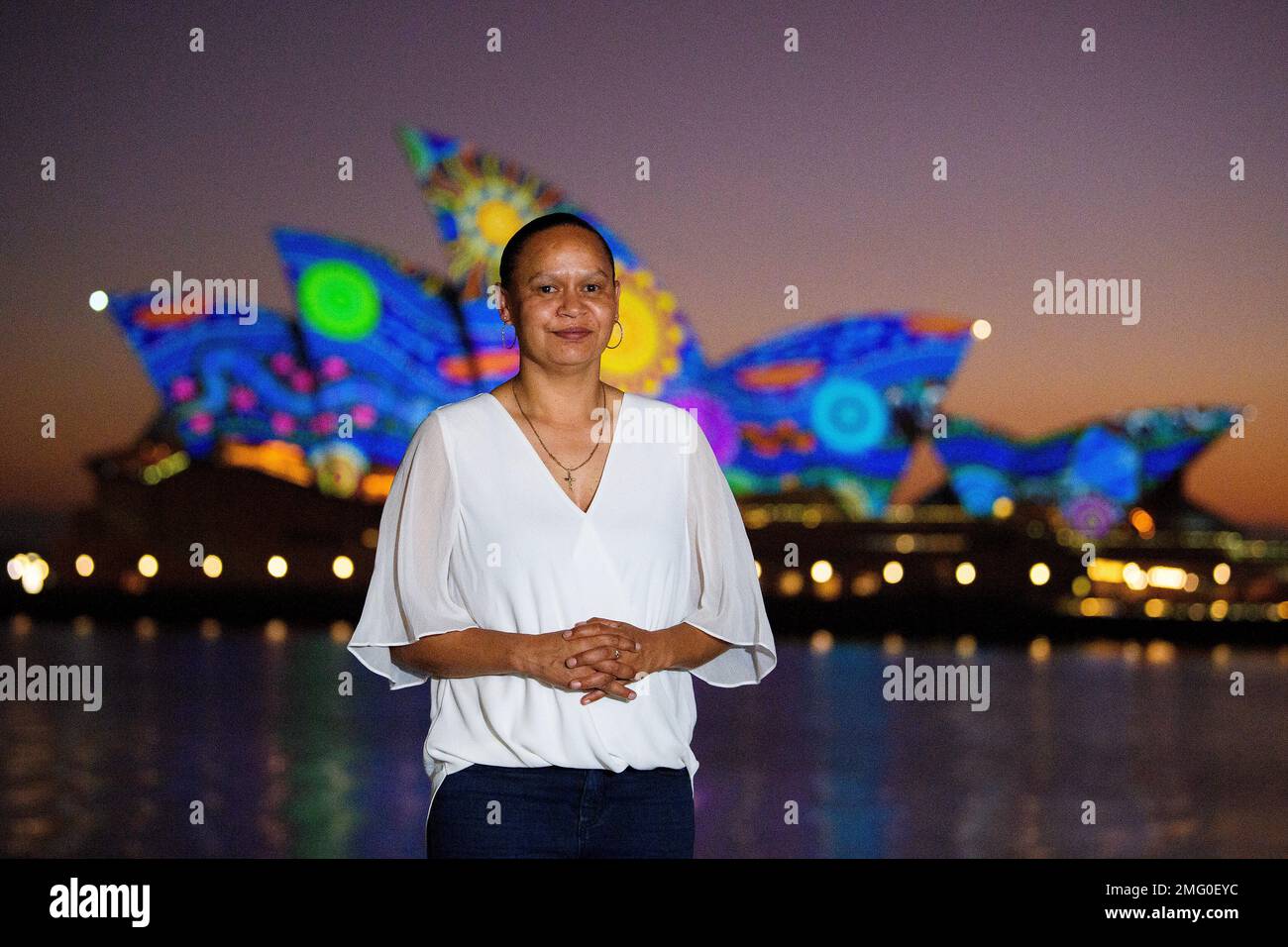 Kamilaroi artist Rhonda Sampson poses for a photograph as her artwork ...