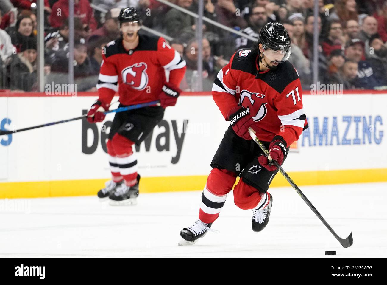New Jersey Devils defenseman Jonas Siegenthaler in the third period of an NHL hockey game ...