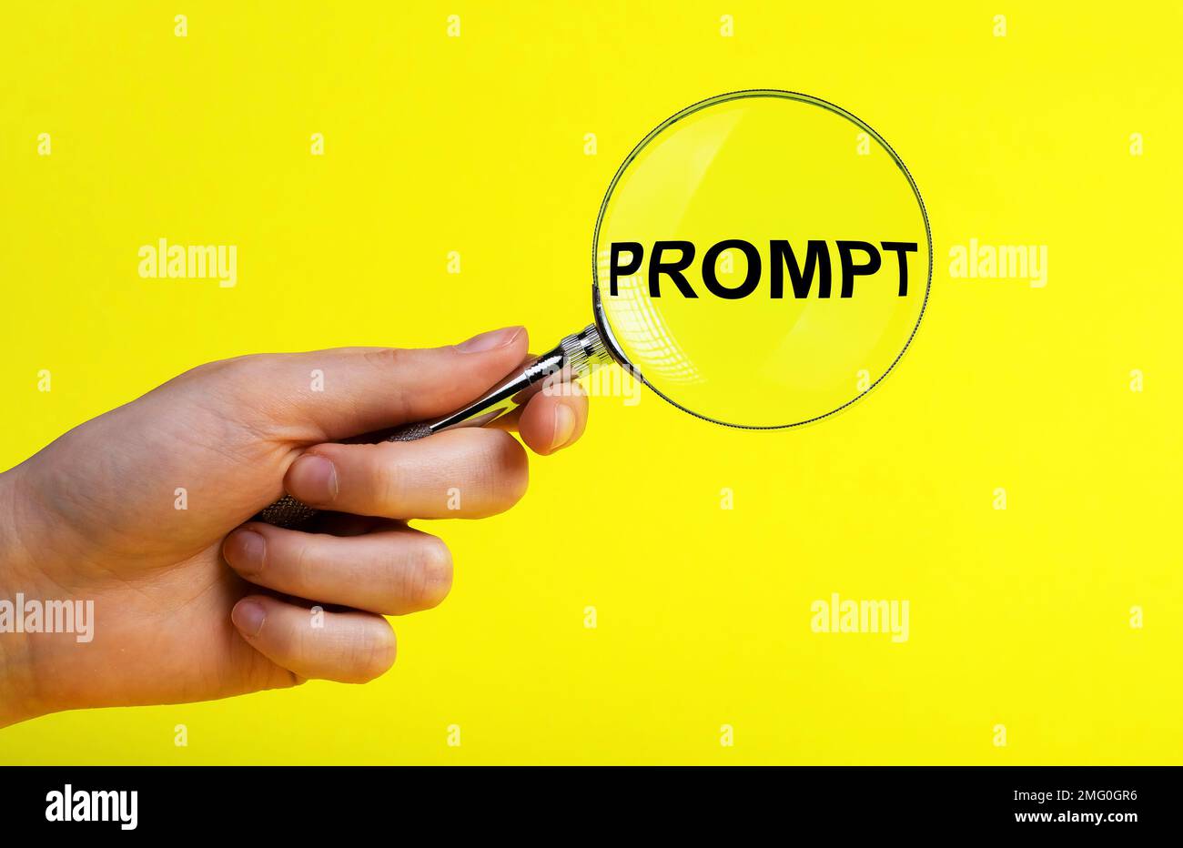 Prompt word through magnifying glass. Communication with AI concept ...