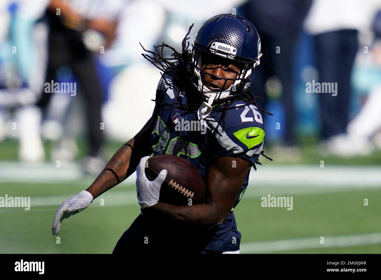 Seattle Seahawks cornerback Shaquill Griffin runs with an interception ...