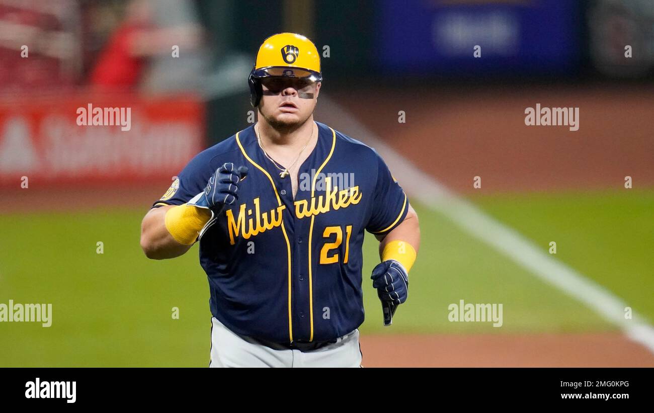 Milwaukee Brewers' Daniel Vogelbach after a home run during a baseball ...