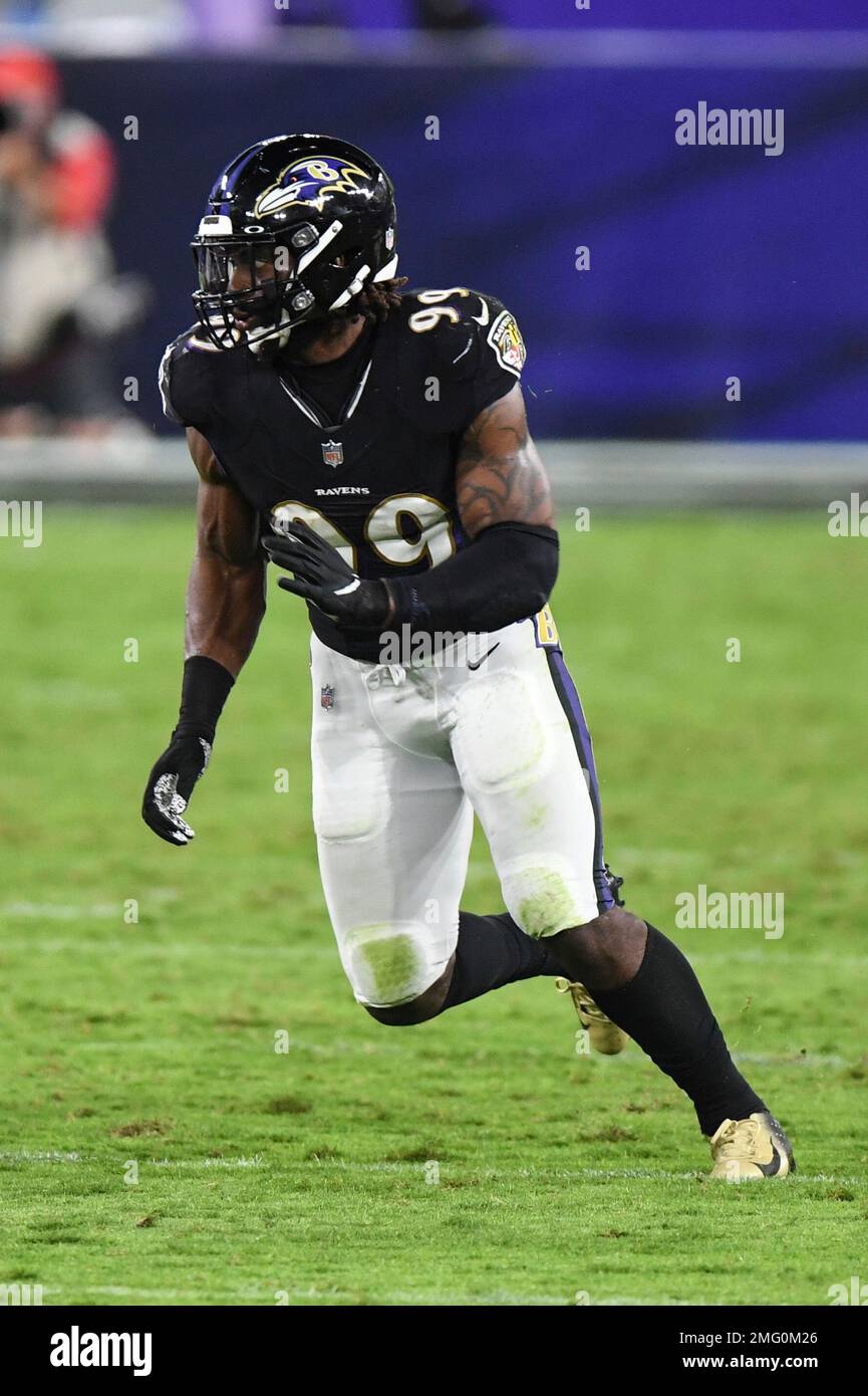 during an NFL football game, Monday, Sept. 28, 2020, in Baltimore. (AP ...