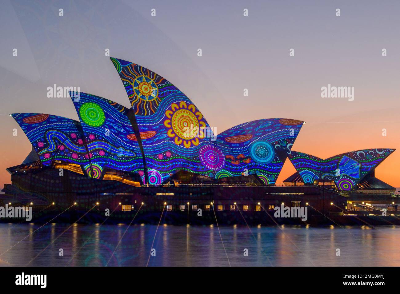 Kamilaroi artist Rhonda Sampson’s ‘Diyan Warrane’ artwork is projected ...