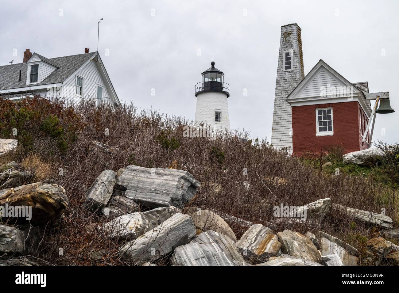 Pemaquid Point Lighthouse taken from the rock shore in Maine Stock ...