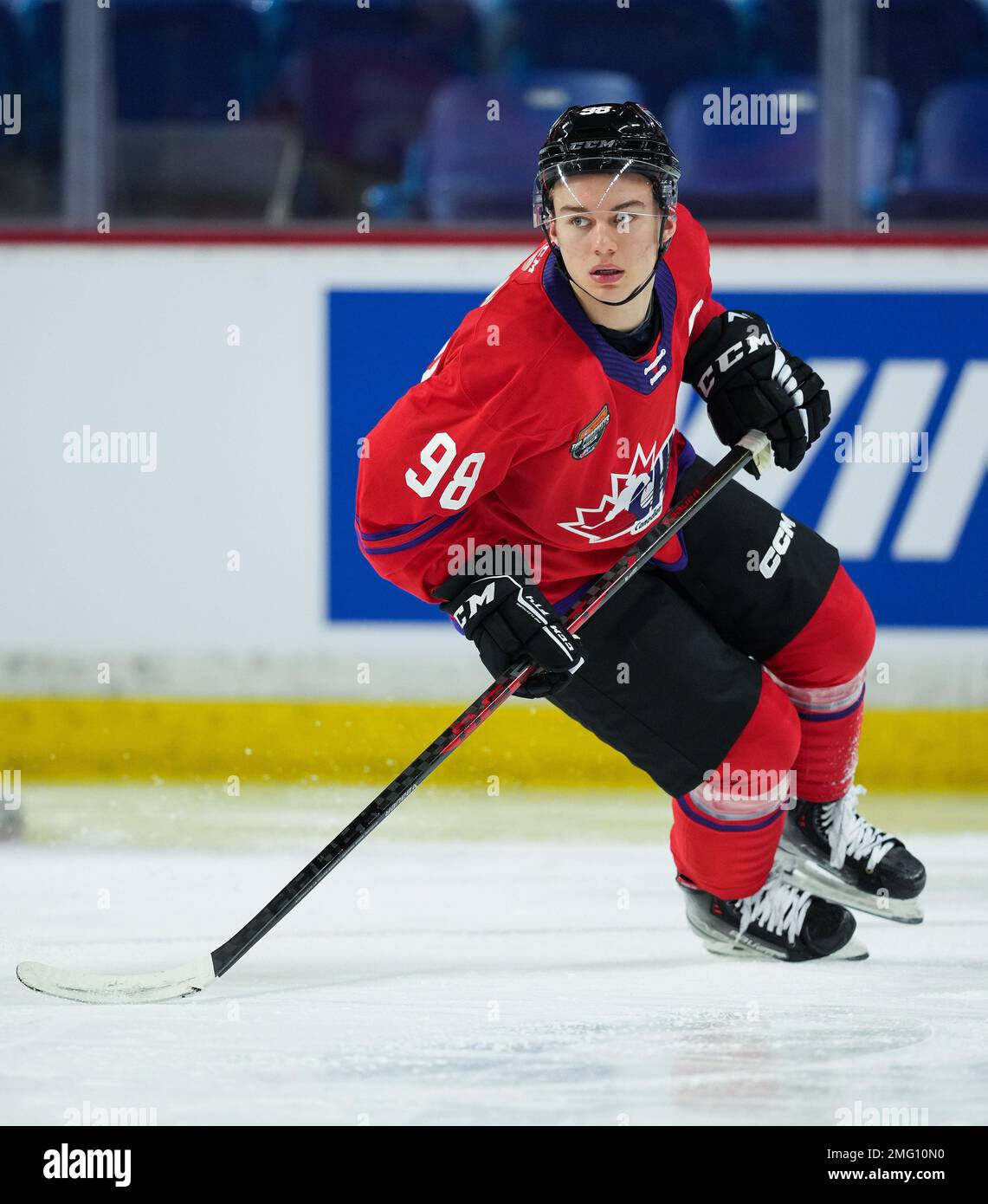 January 25, 2023, LANGLEY, BC, CANADA: Regina Pats' Connor Bedard takes part in a game day skate ...