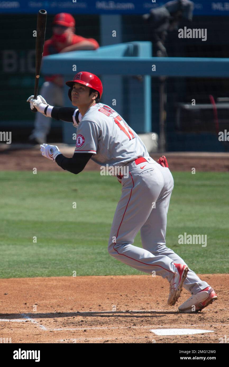 Los Angeles Angels' Shohei Ohtani tracks his foul ball during a ...
