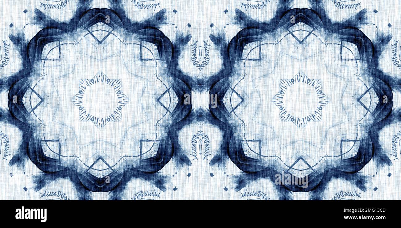Indigo dye wash coastal damask seamless border pattern. Washed out ...