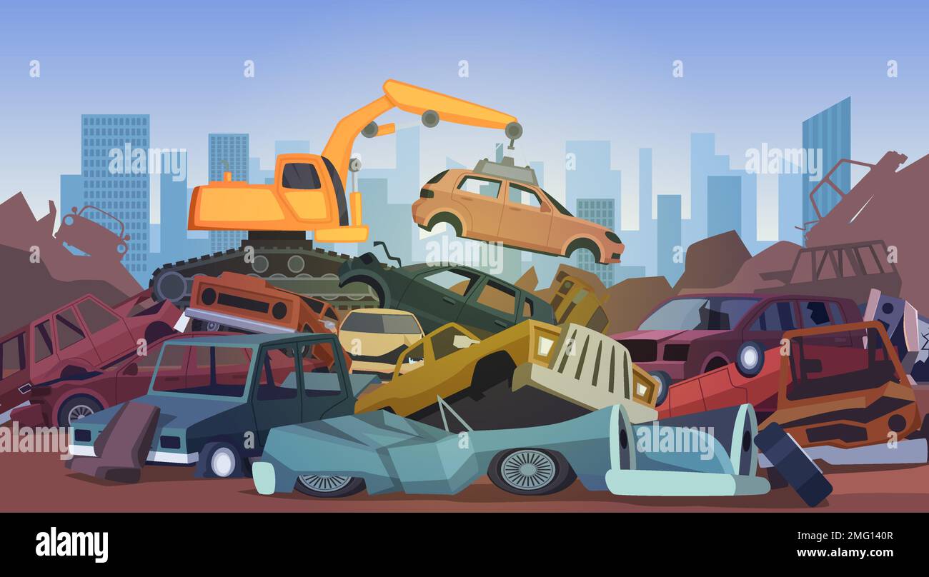 Car dump. Damaged destroyed old broken cars in big stack for recycling ...