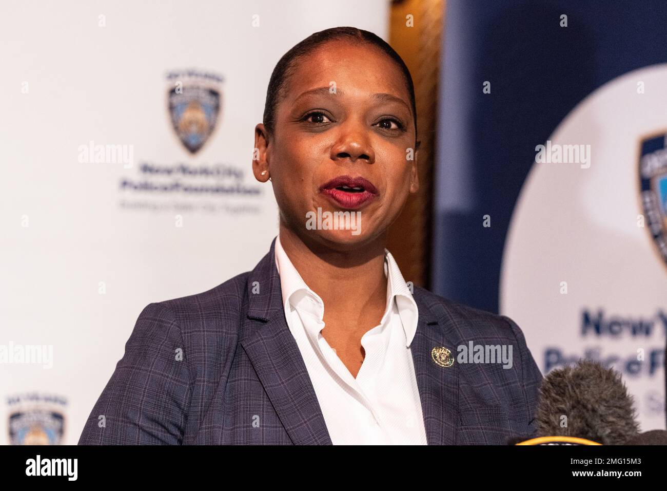Police Commissioner Keechant Sewell speaks at briefing after delivering 2023 State of NYPD ...