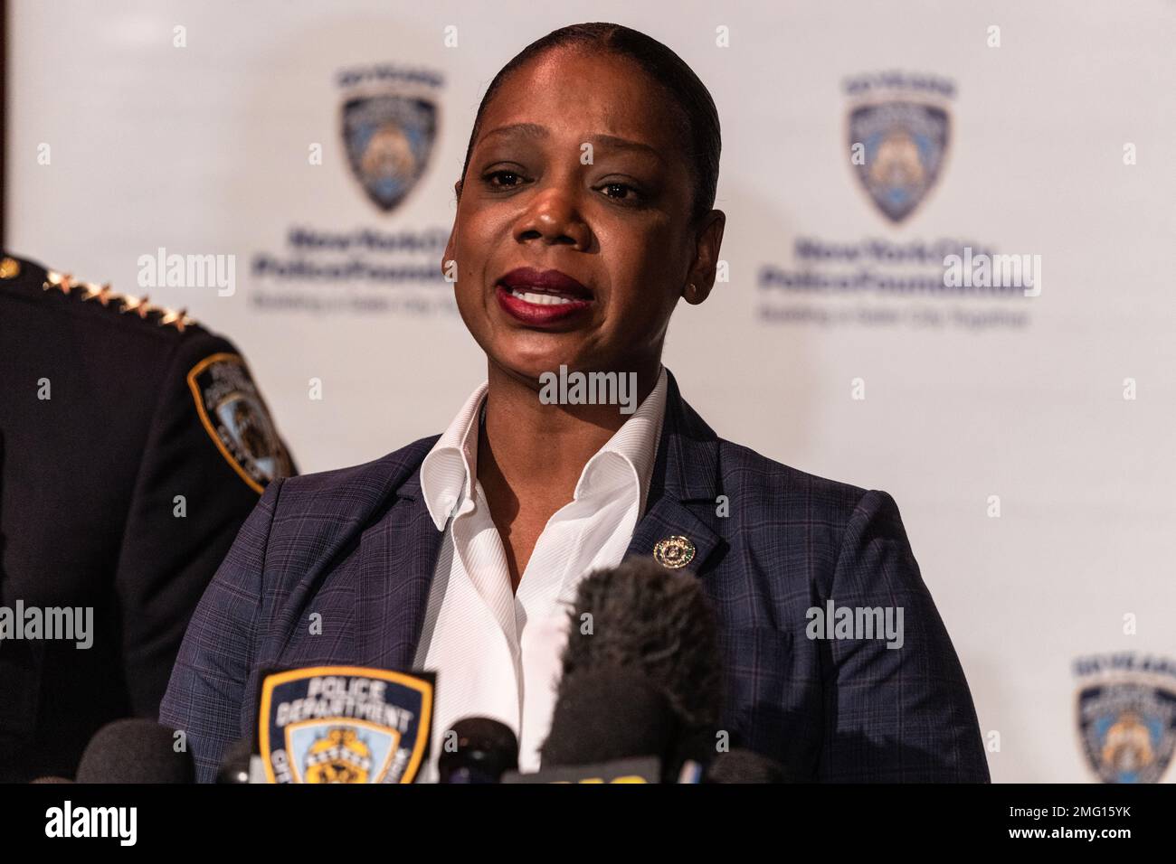 Police Commissioner Keechant Sewell speaks at briefing after delivering 2023 State of NYPD ...