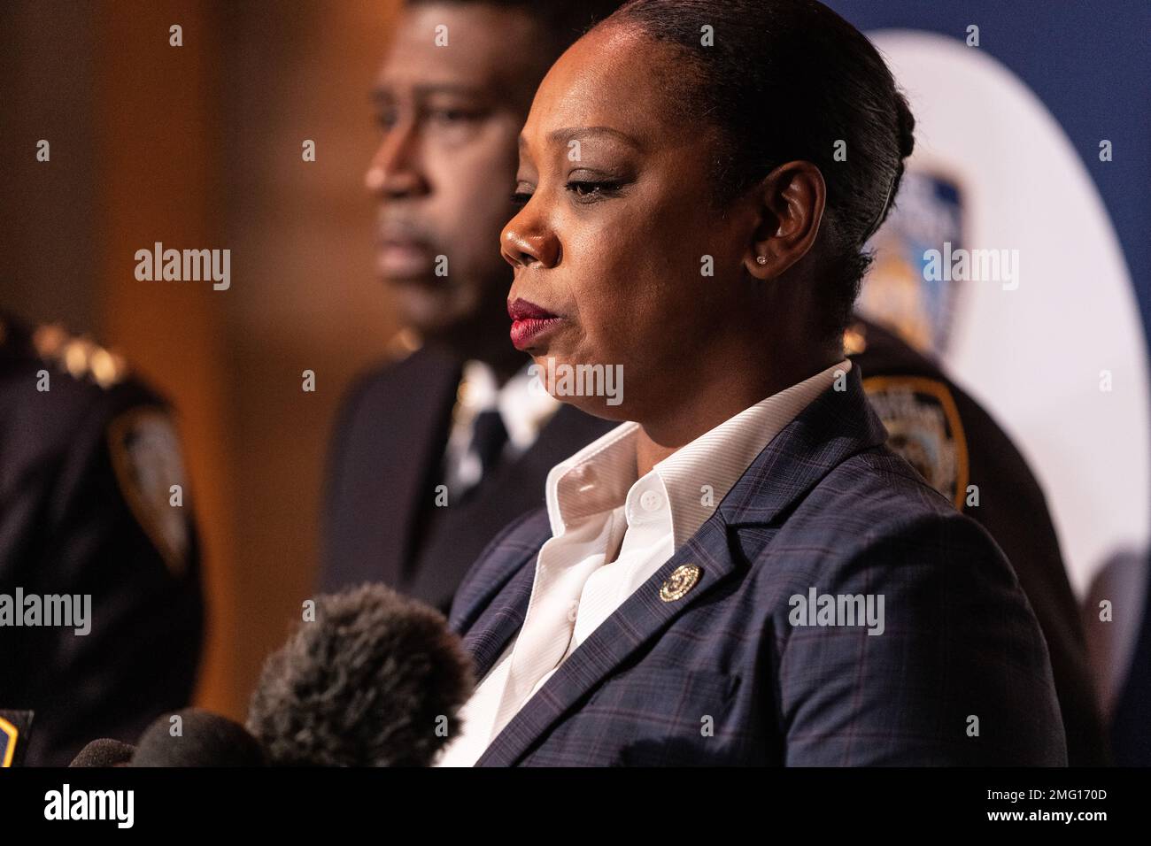 Police Commissioner Keechant Sewell speaks at briefing after delivering 2023 State of NYPD ...