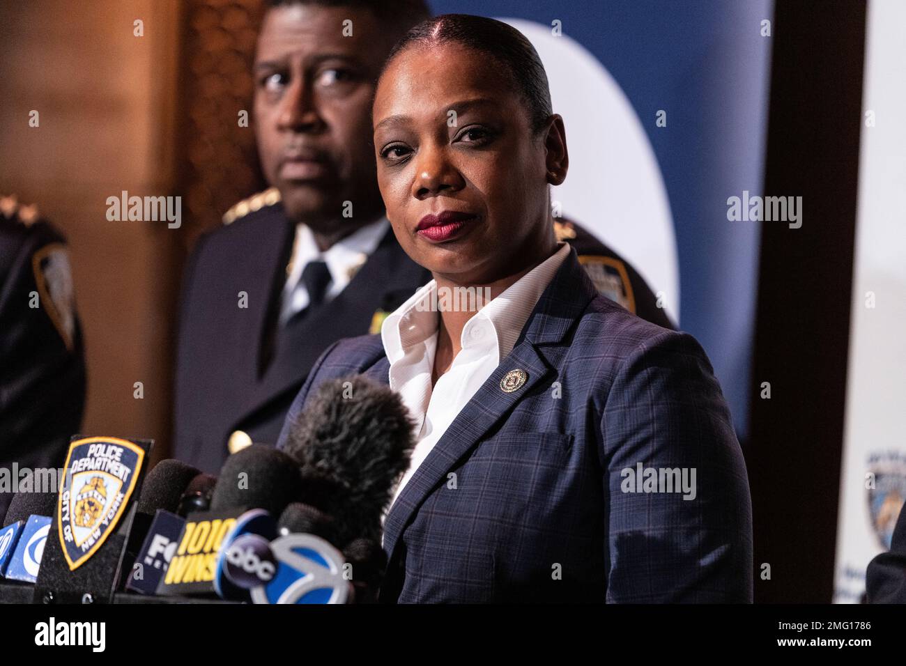 Police Commissioner Keechant Sewell speaks at briefing after delivering 2023 State of NYPD ...