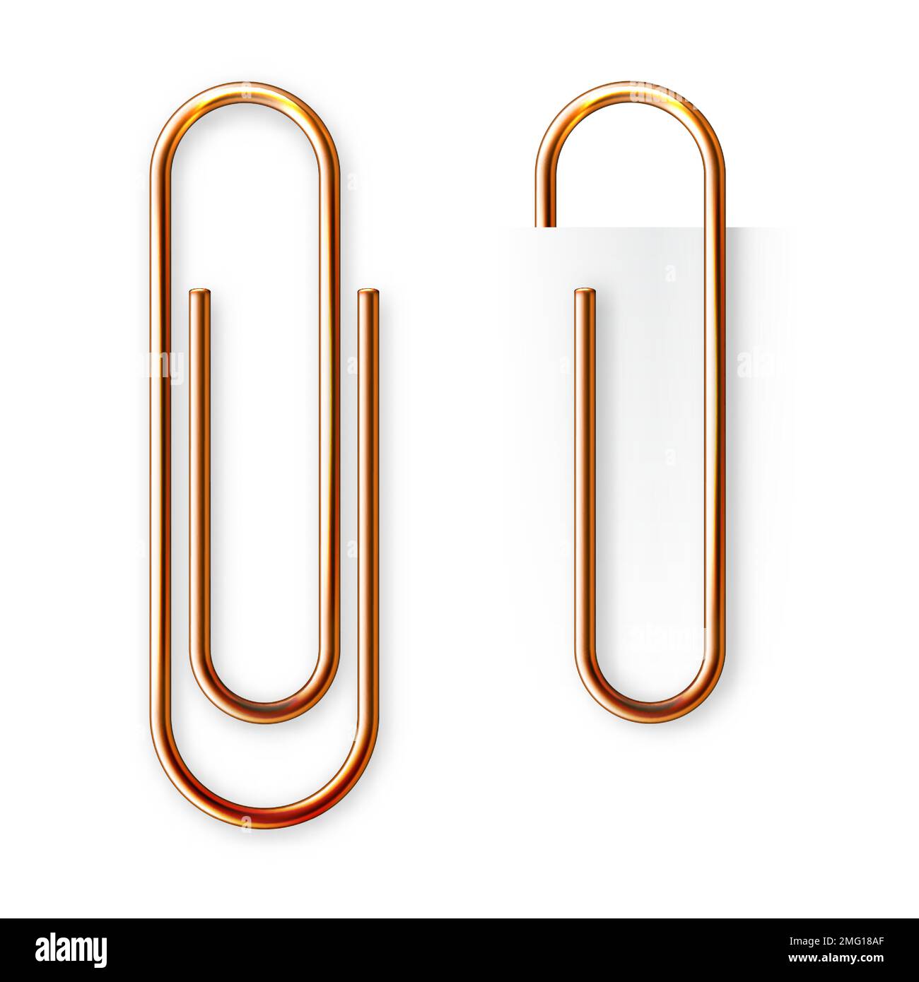 Realistic copper paperclip attached to paper isolated on white ...