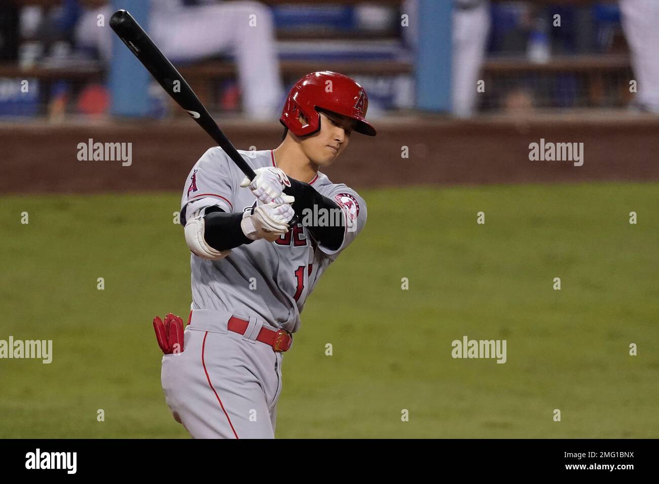 Los Angeles Angels' Shohei Ohtani takes a practice swing during the ...