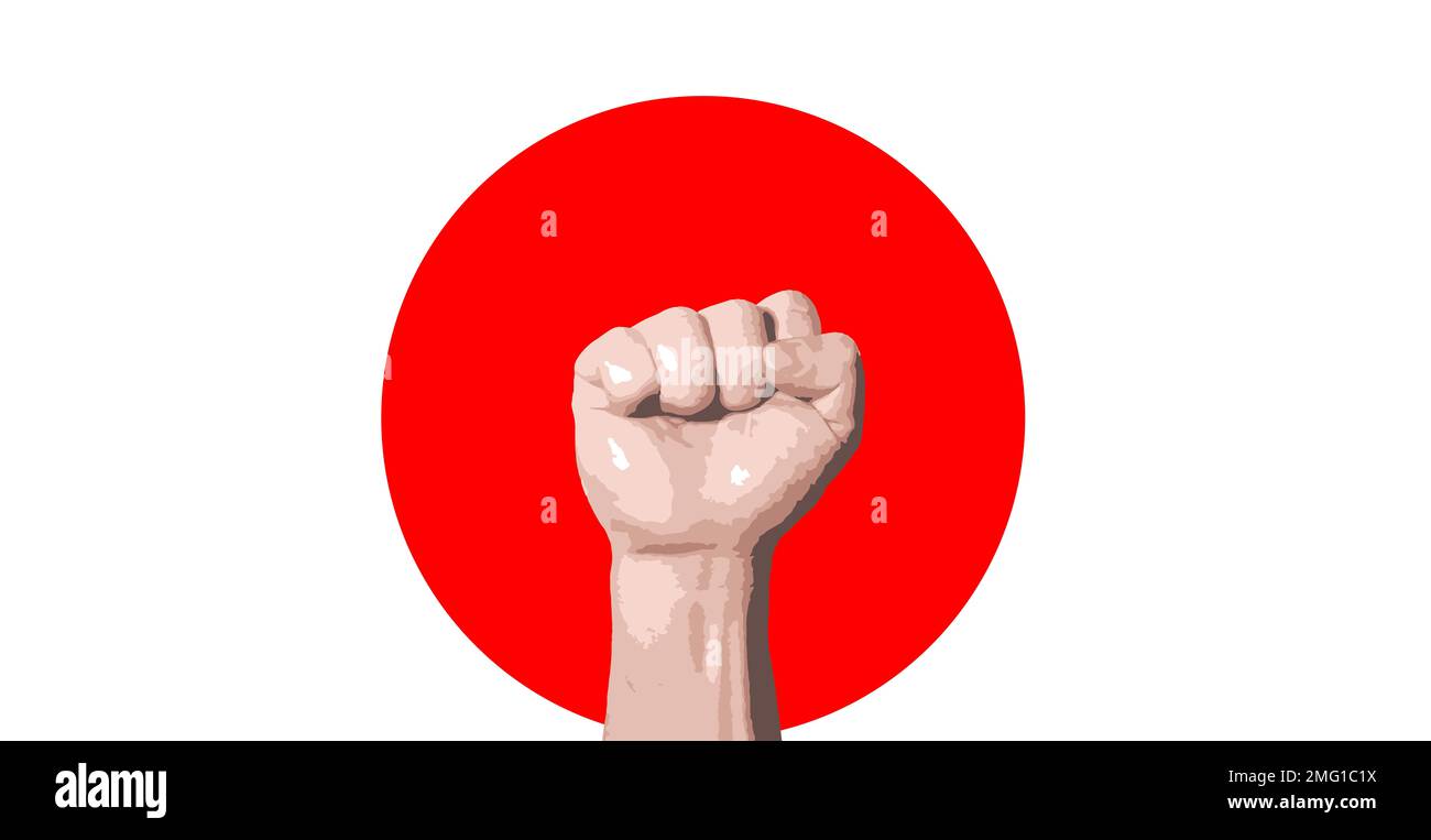 fist raised up against the background of the red sun on a white ...