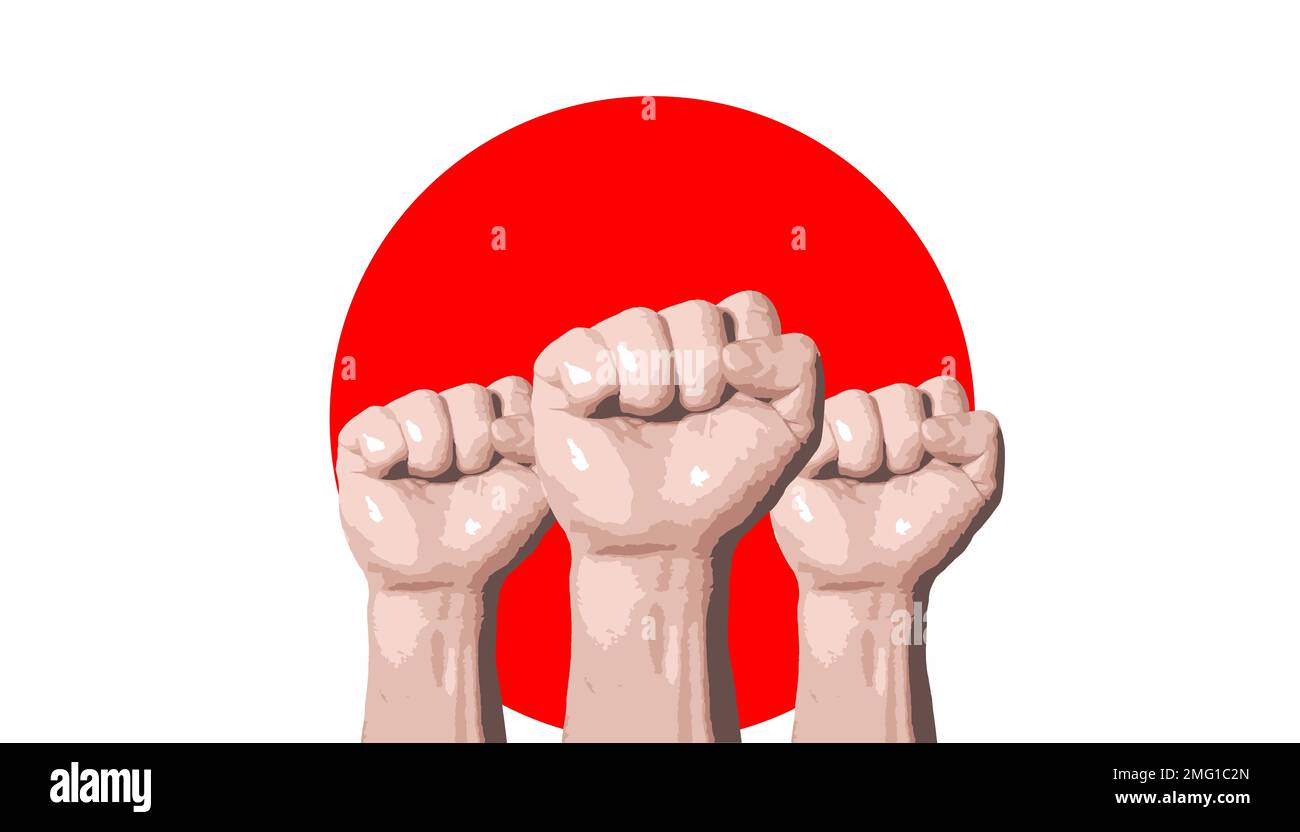 fists raised up against the background of the red sun on a white ...