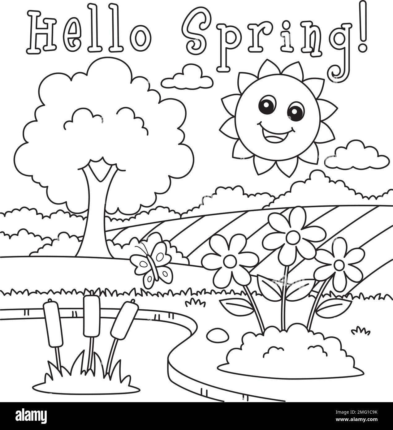 Hello Spring Smiling Sun Coloring Page for Kids Stock Vector Image ...
