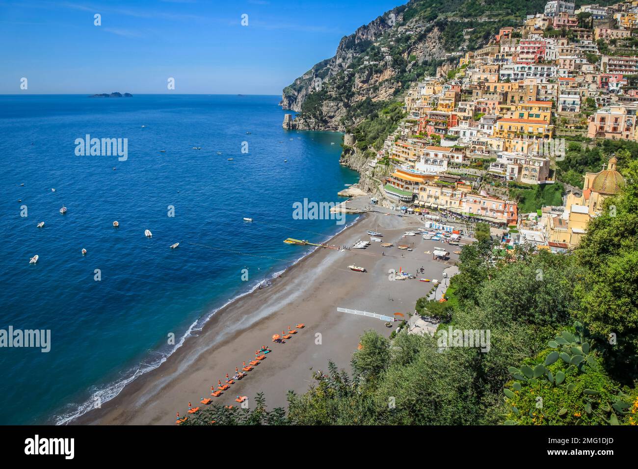 Above Positano city cliffs and marina with boats and yacht, amalfi ...
