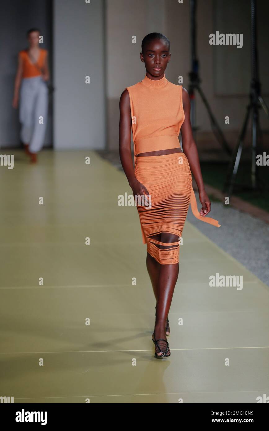 A model wears a creation as part of the Salvatore Ferragamo 2021 women ...