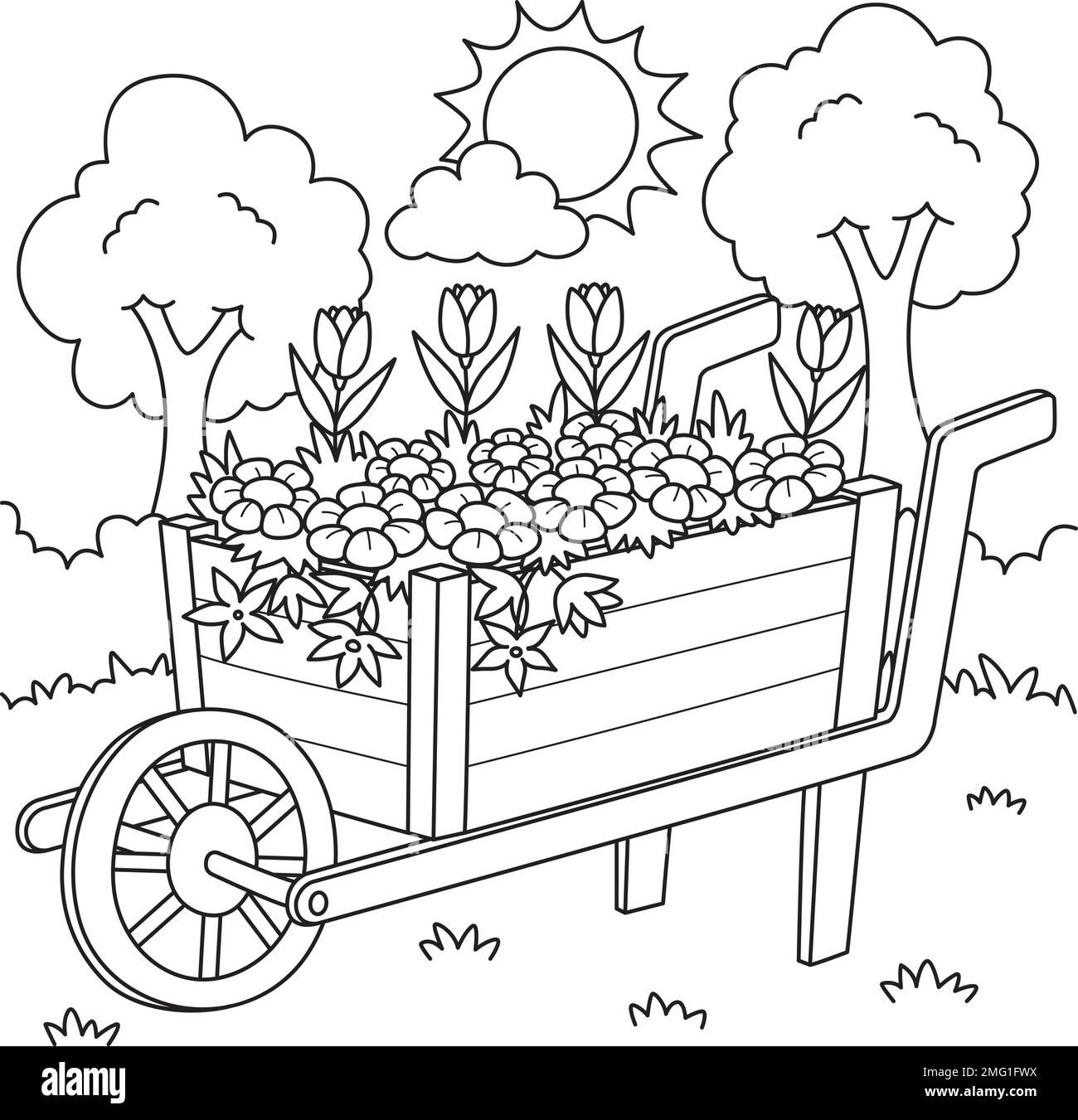 Wheelbarrow with Flowers Coloring Page for Kids Stock Vector Image ...