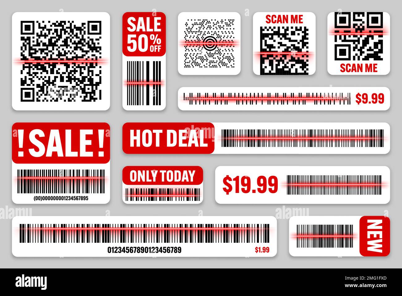 Product barcodes and QR codes with red scanning line. Sale stickers ...
