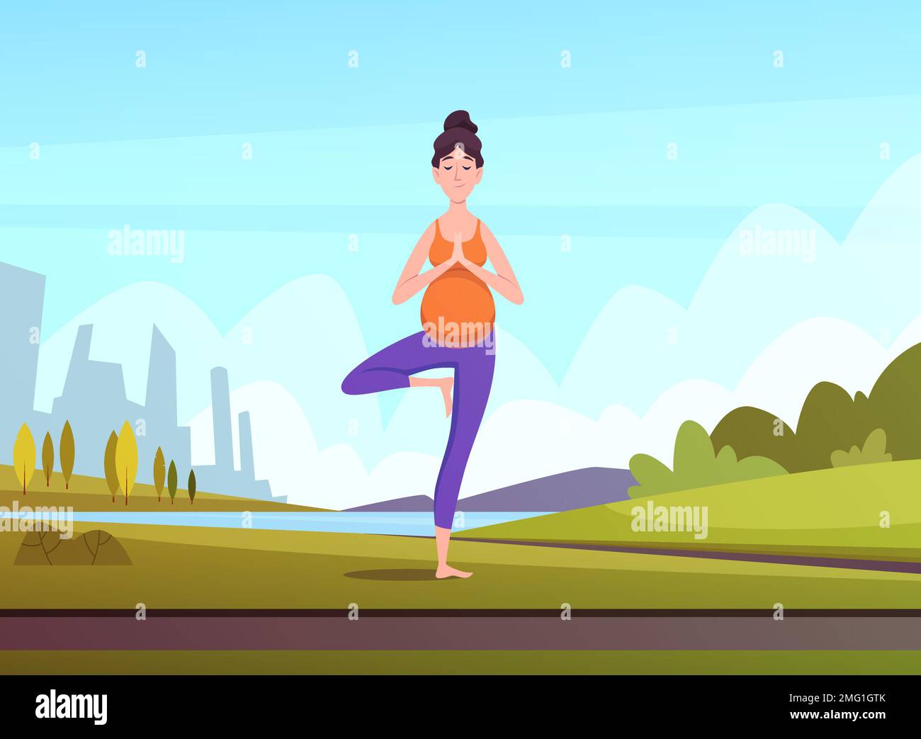 Yoga practice. woman standing in yoga pose outdoor. Vector cartoon ...