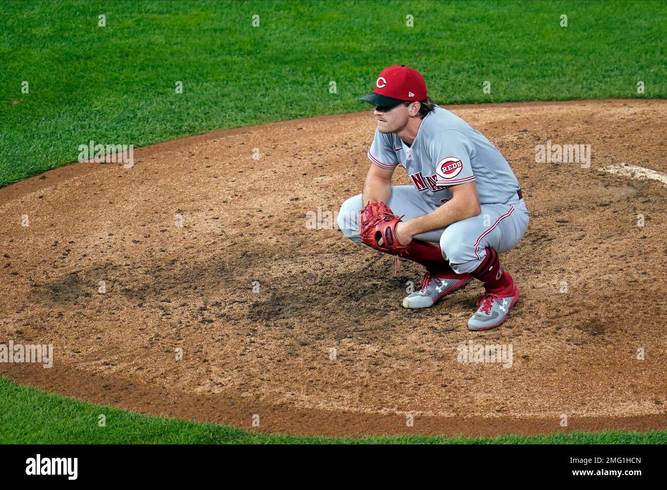 Cincinnati Reds pitcher Lucas Sims watches as Minnesota Twins' Byron ...
