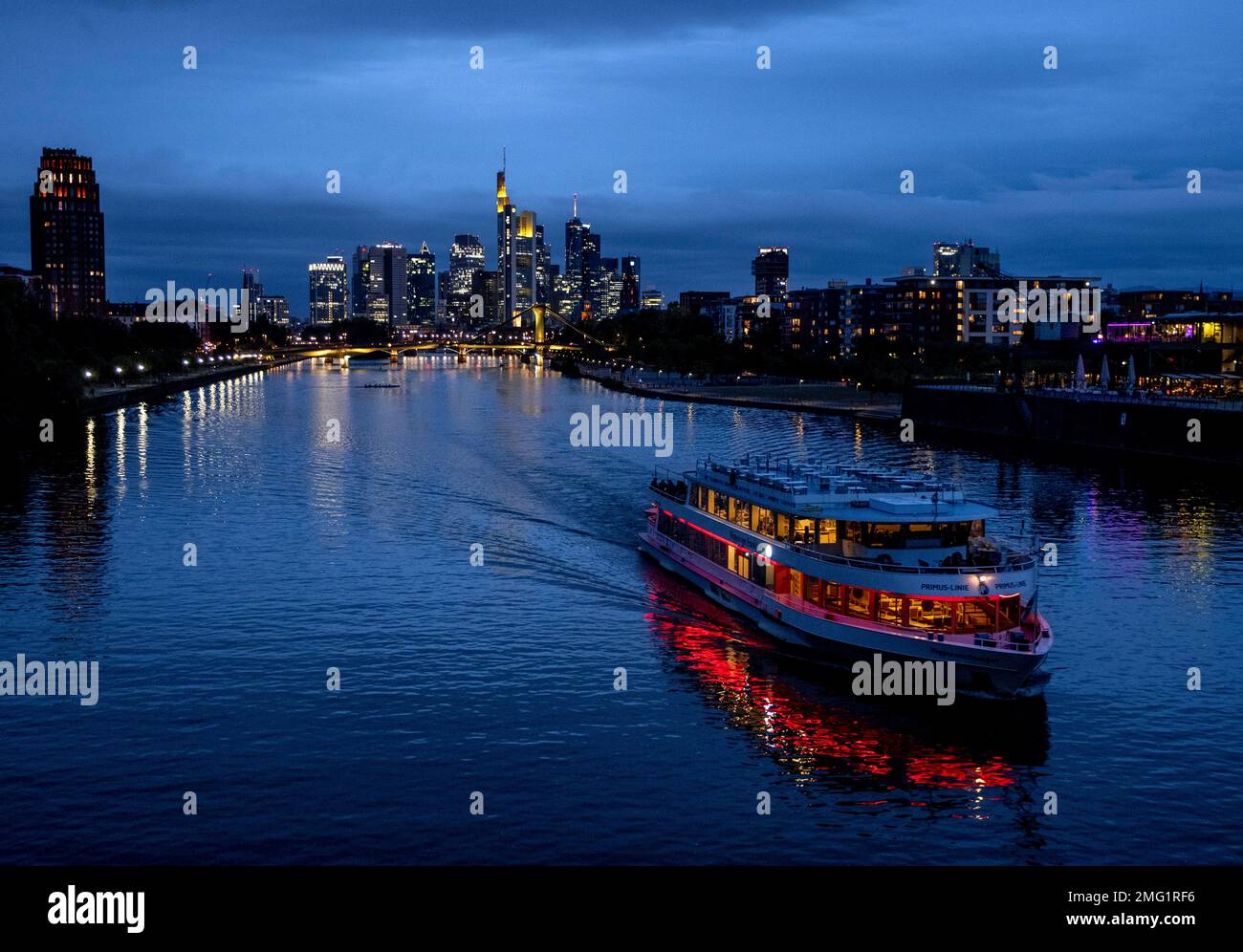 A party ship cruises over the river Main in Frankfurt, Germany ...