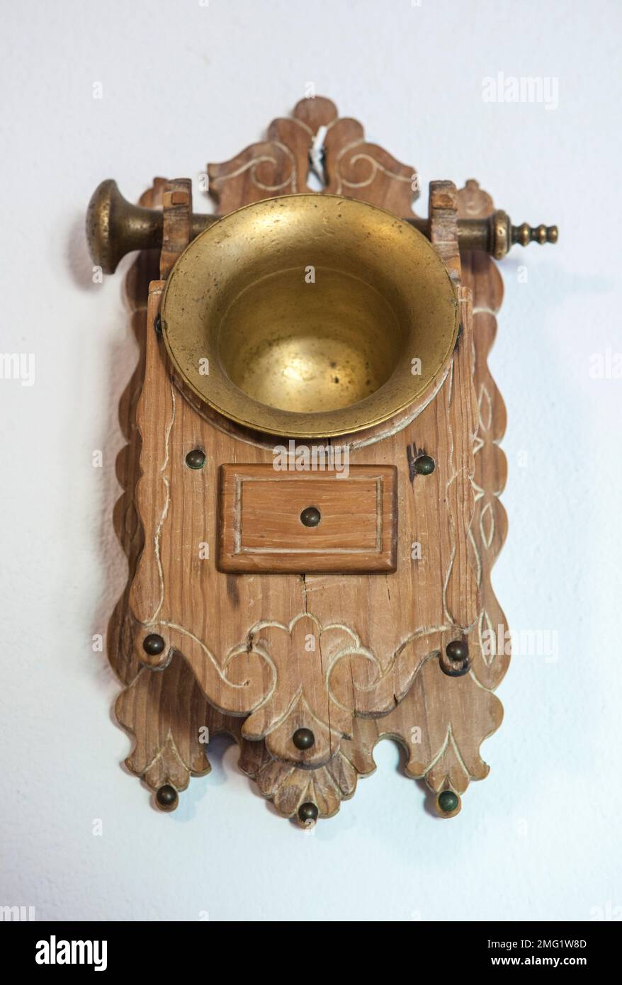 Pestle or almirez placed over wooden stand. country style. Selective ...