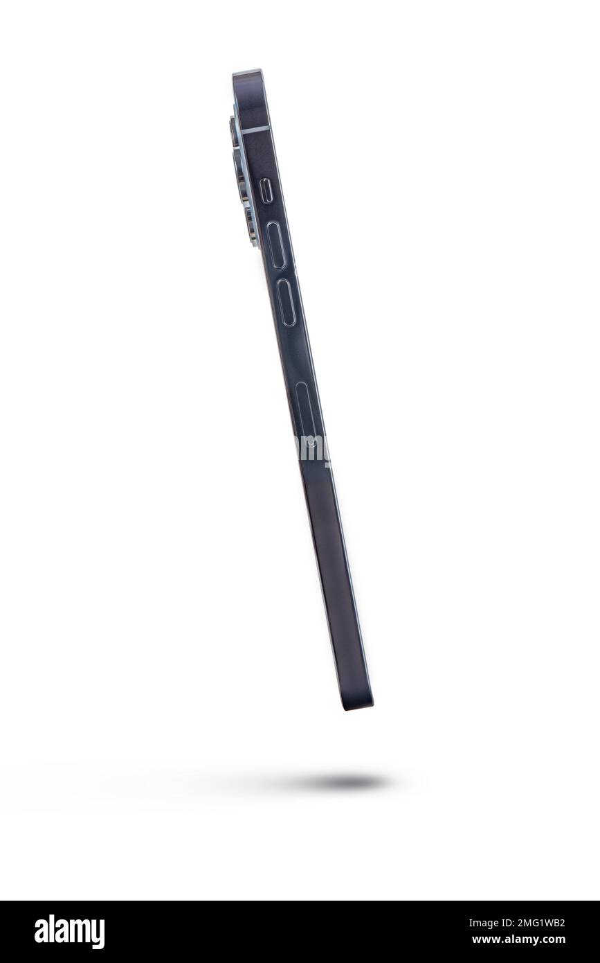 New modern phone on a white background. New mobile phone, side view ...