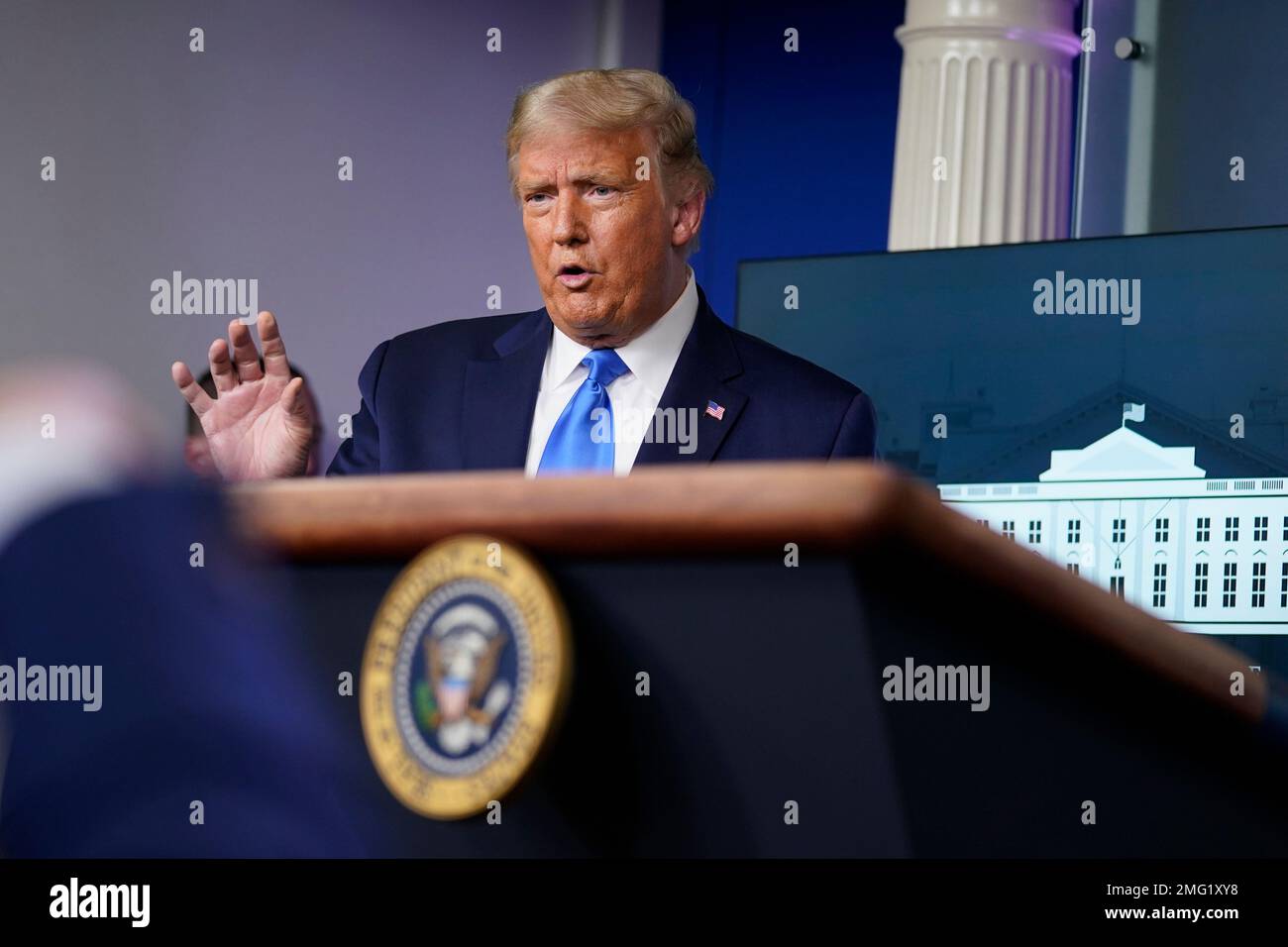 President Donald Trump speaks during a news conference in the James ...