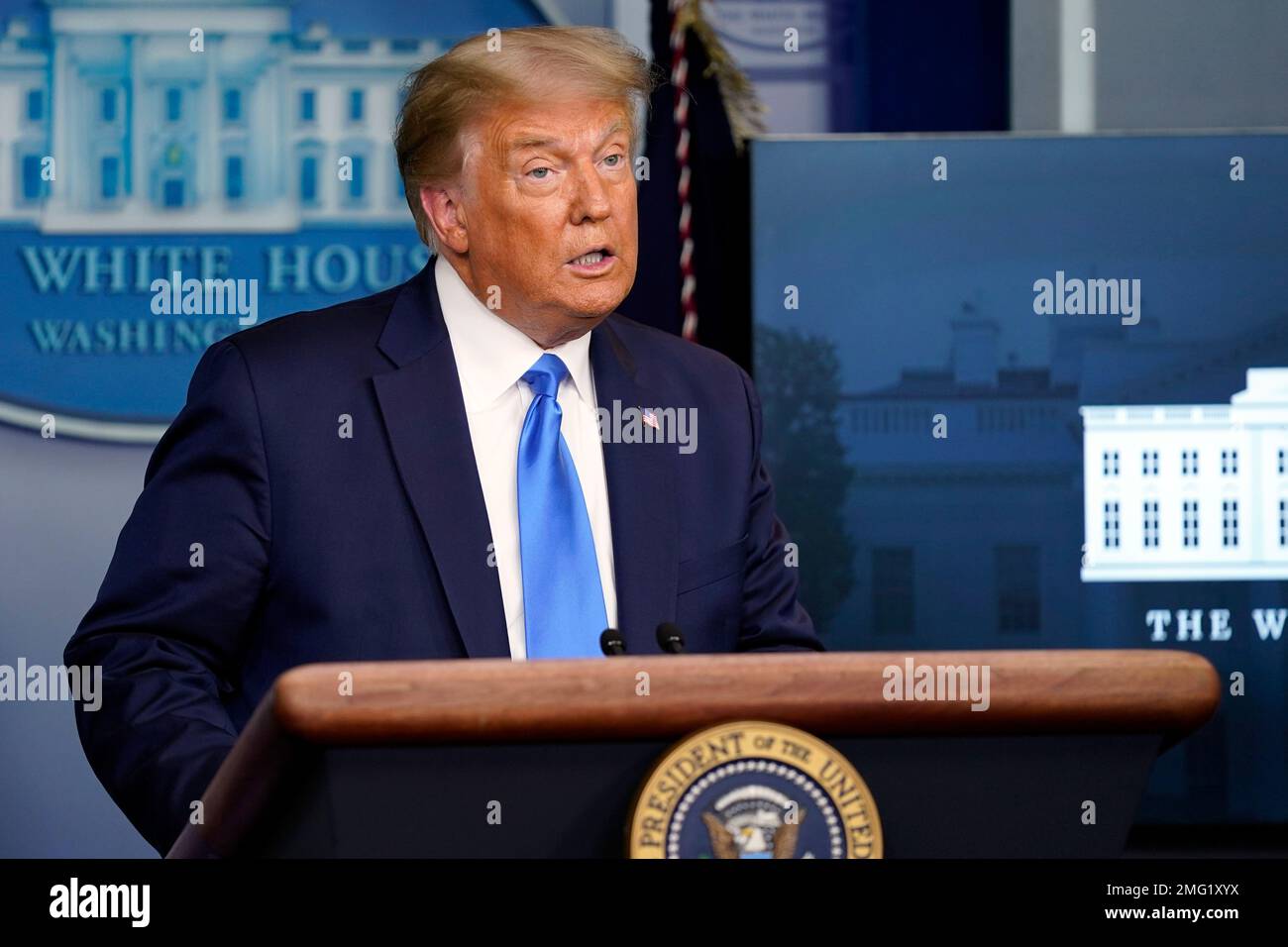 President Donald Trump speaks during a news conference in the James ...