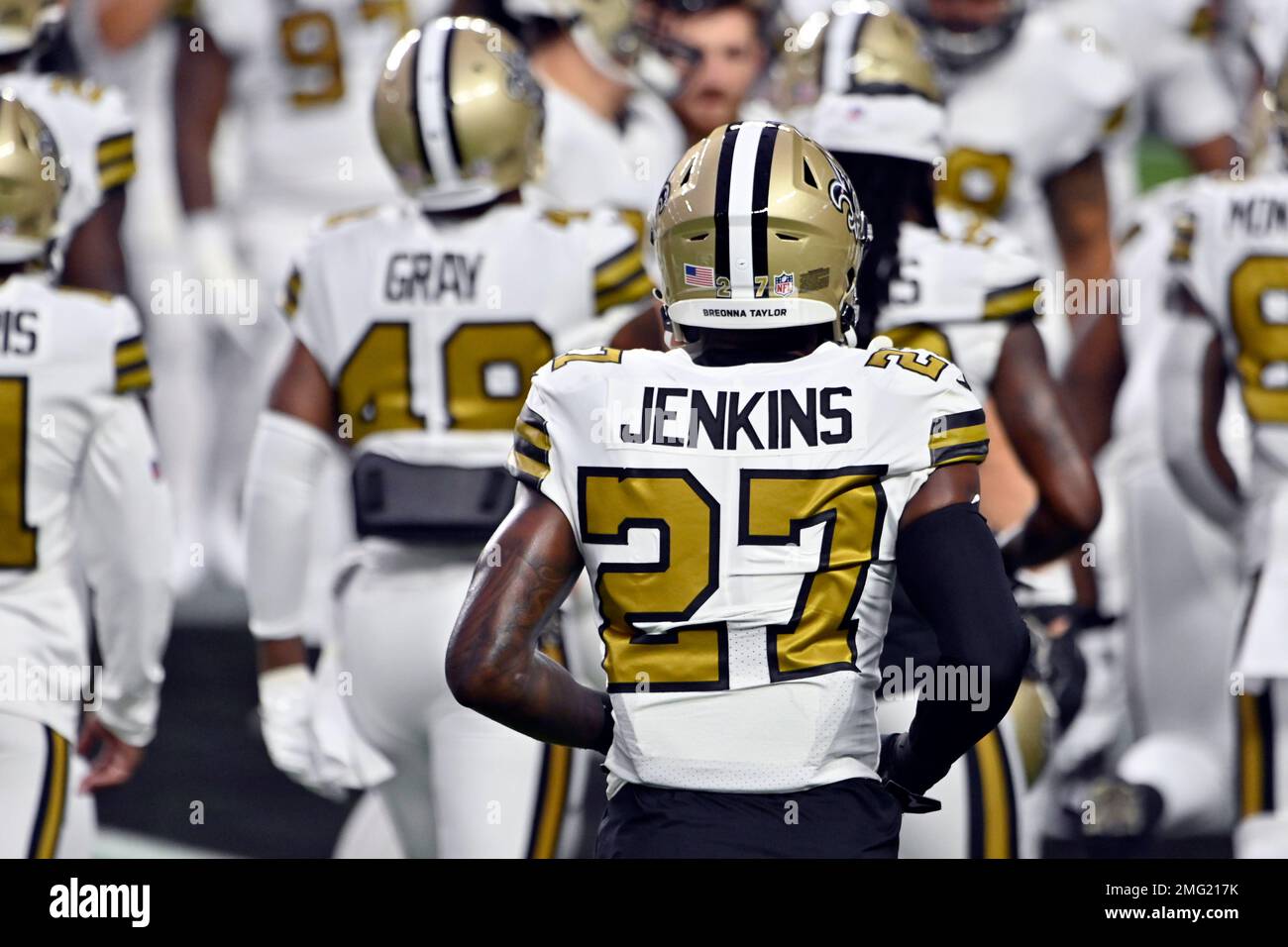 The words "Breonna Taylor" are seen on the helmet of New Orleans Saints ...