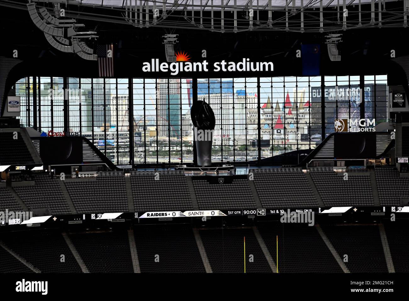 A general view of Allegiant Stadium and the The Al Davis Memorial Torch ...