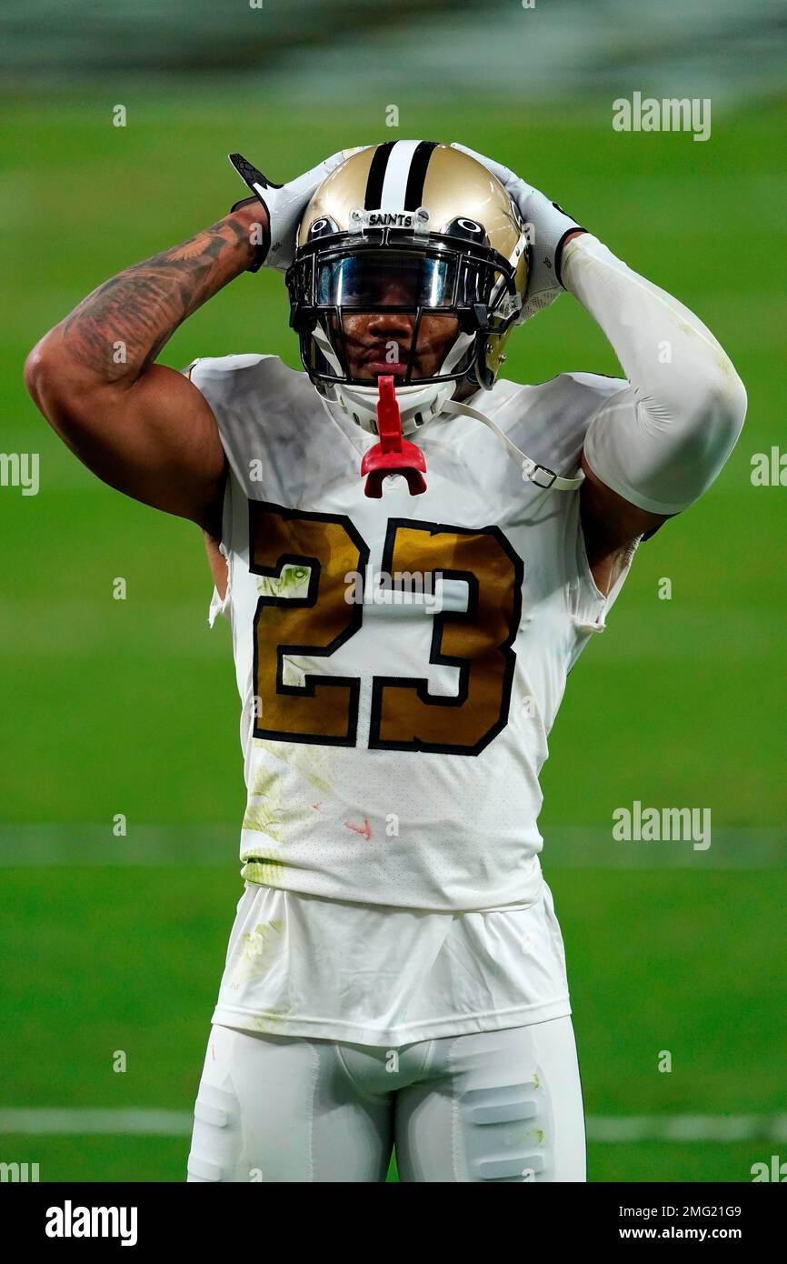 New Orleans Saints cornerback Marshon Lattimore #23 reacts between ...