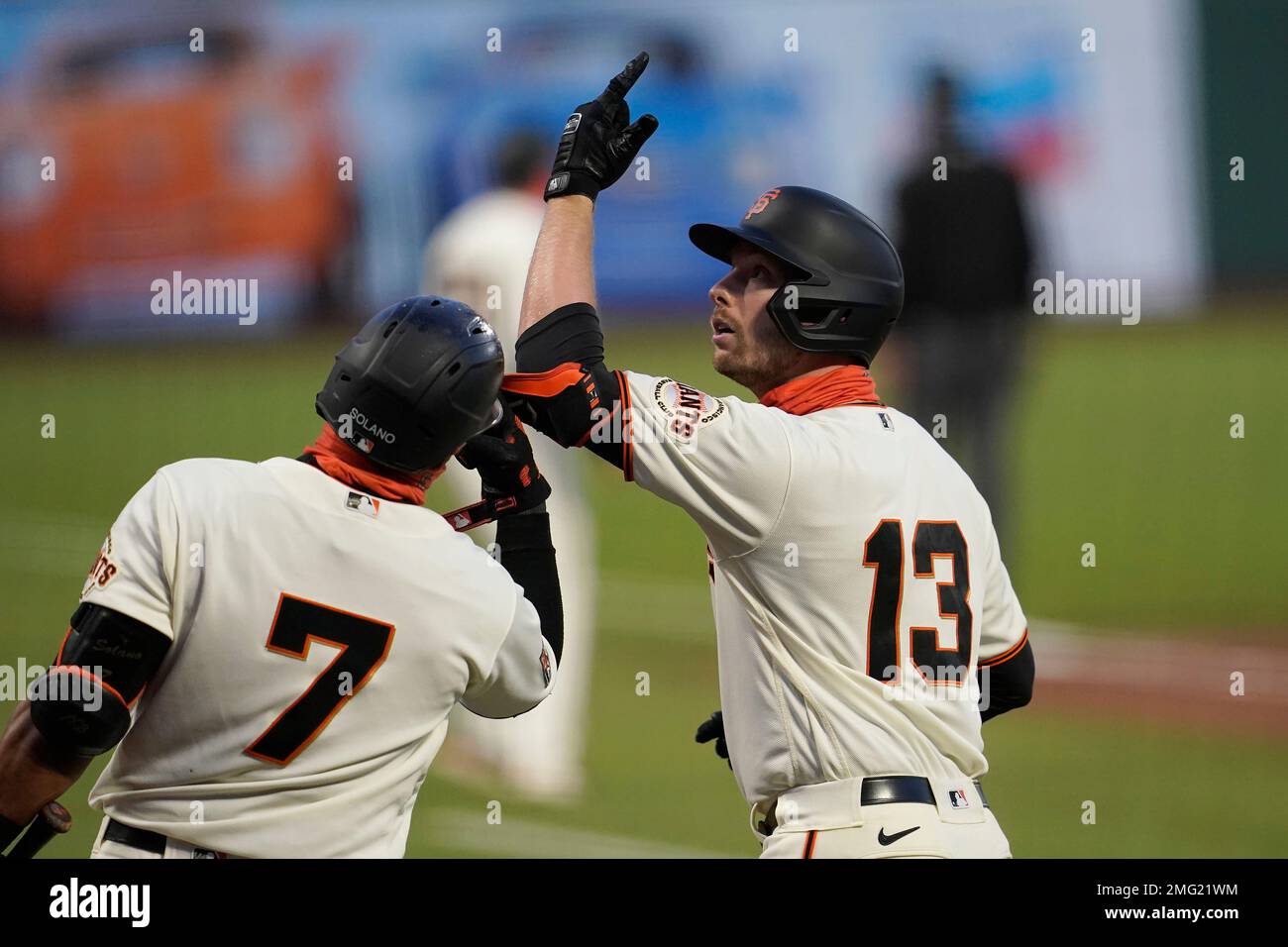 San Francisco Giants' Austin Slater, right, celebrates with Donovan ...