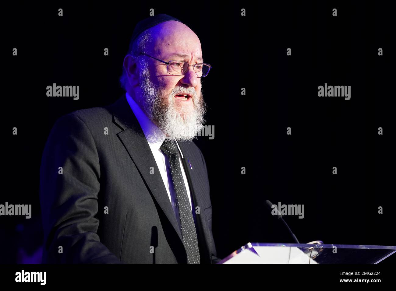 Chief Rabbi Sir Ephraim Mirvis KBE, speaks at a commemorative ceremony ...